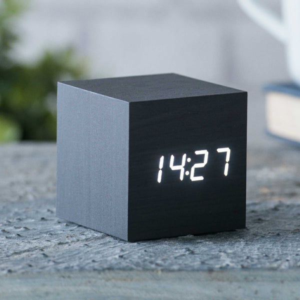 Gingko Cube Click table clock, black/white led - HOMELESS.hk